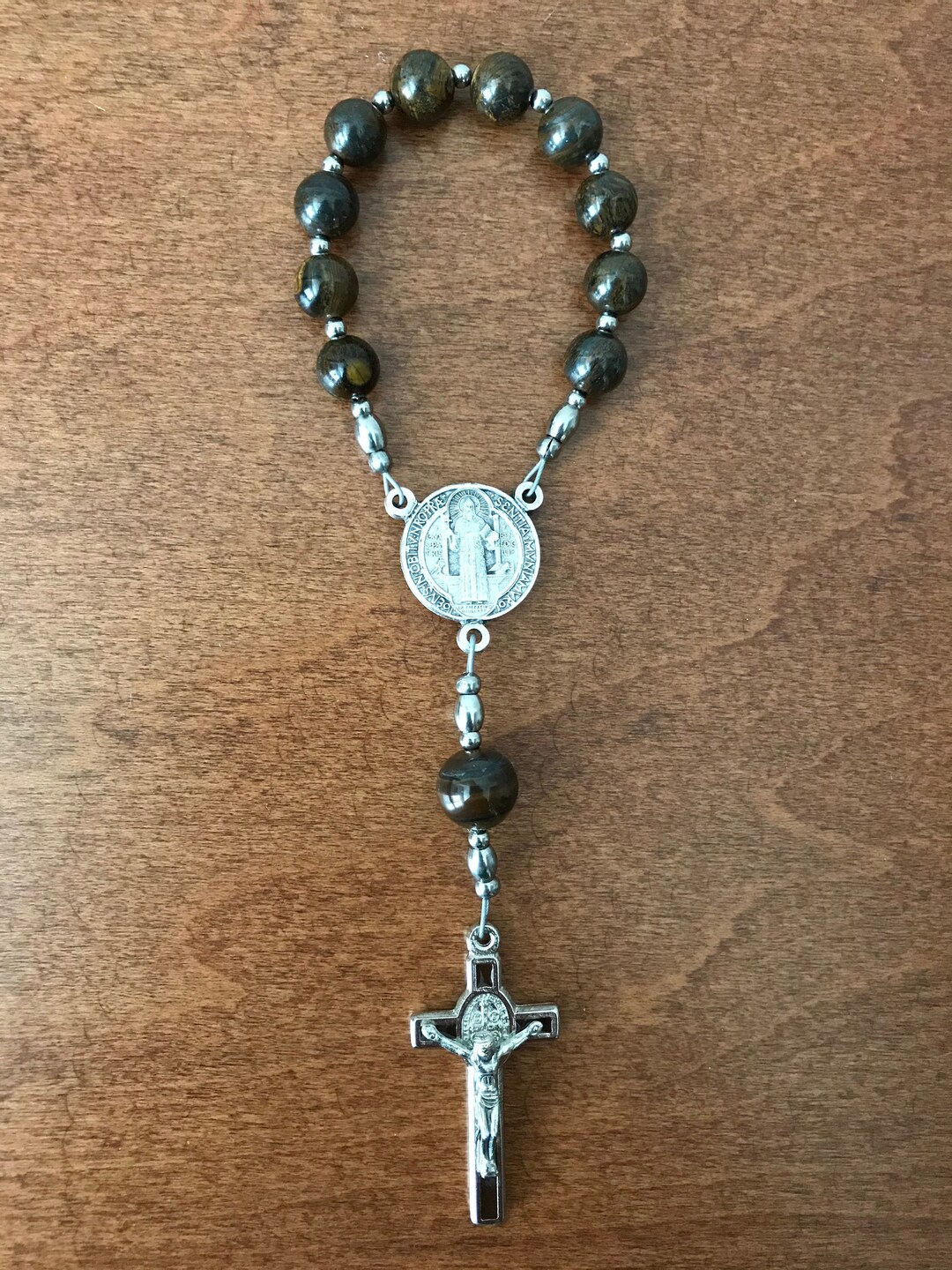 Tiger Iron & Stainless Steel Single Decade Catholic Finger Rosary With ...