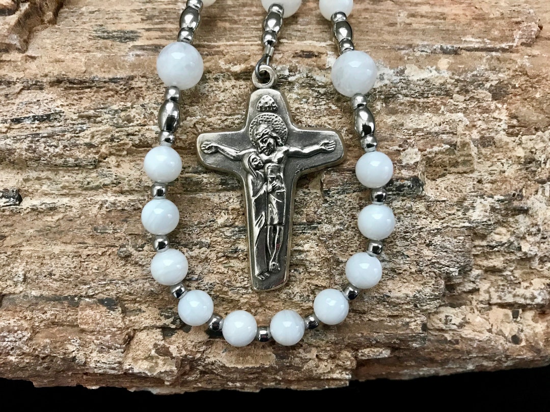 River Stone, Moonstone and Stainless Steel 5 Decade Catholic Gemstone ...