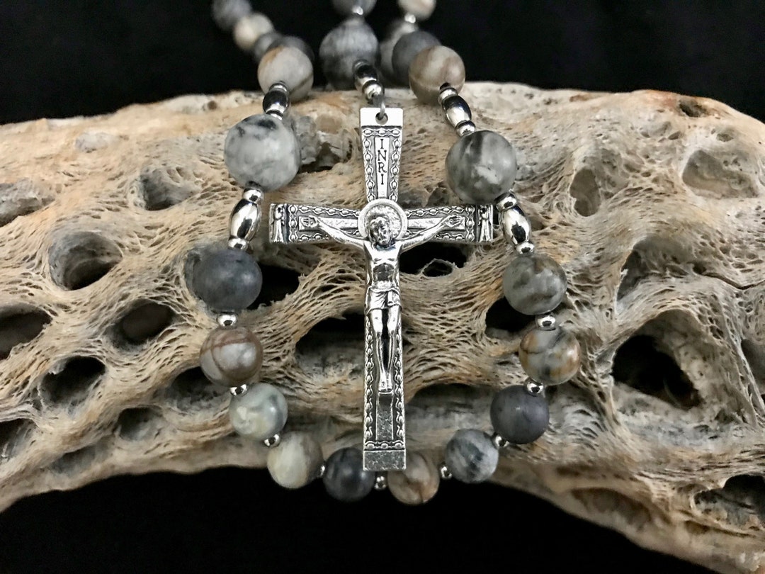Picasso Jasper and Stainless Steel 5 Decade Catholic Gemstone Rosary ...