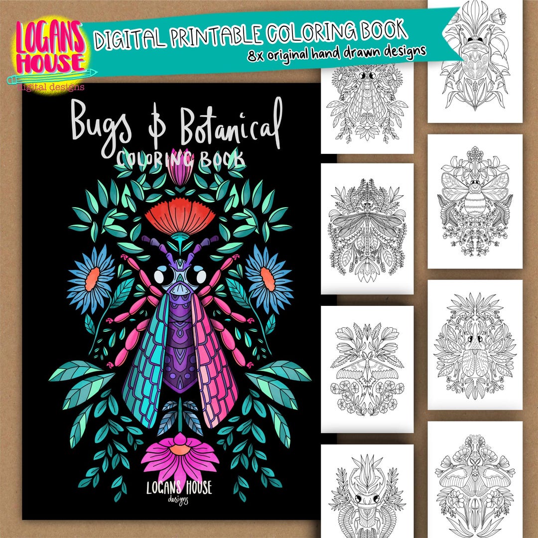 Bugs & Botanicals Coloring Pages: Hand-drawn 8 Page Book (jpg PDF ...