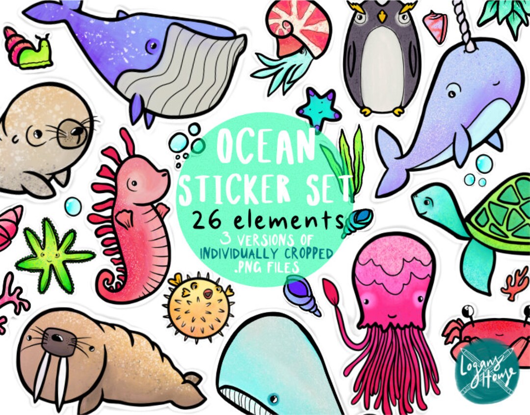 Ocean Digital Sticker Set | Hand Drawn Printable Stickers | for Digital ...