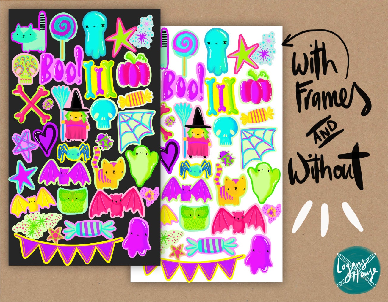 Neon Halloween Digital Sticker Set | Hand Drawn Printable Stickers ...