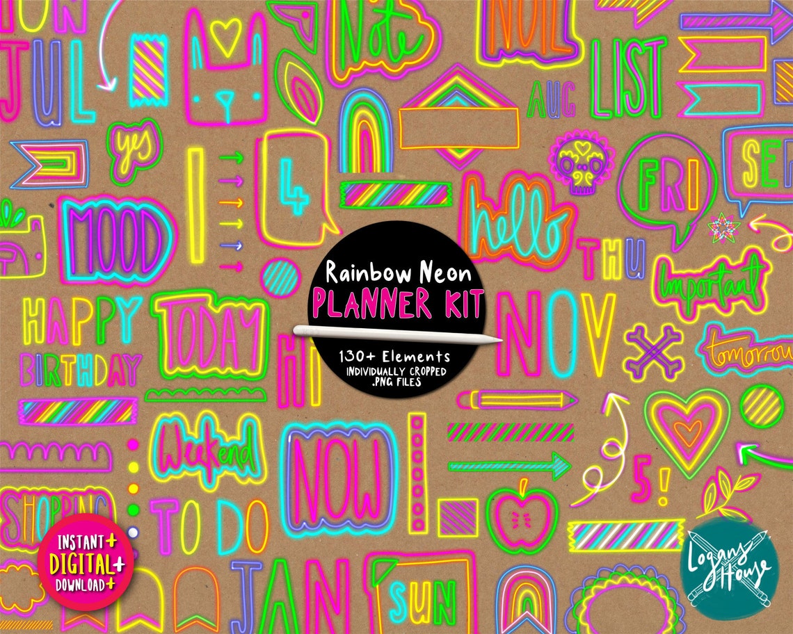 Neon Rainbow Planner Sticker Set Hand Drawn Printable Stickers for ...