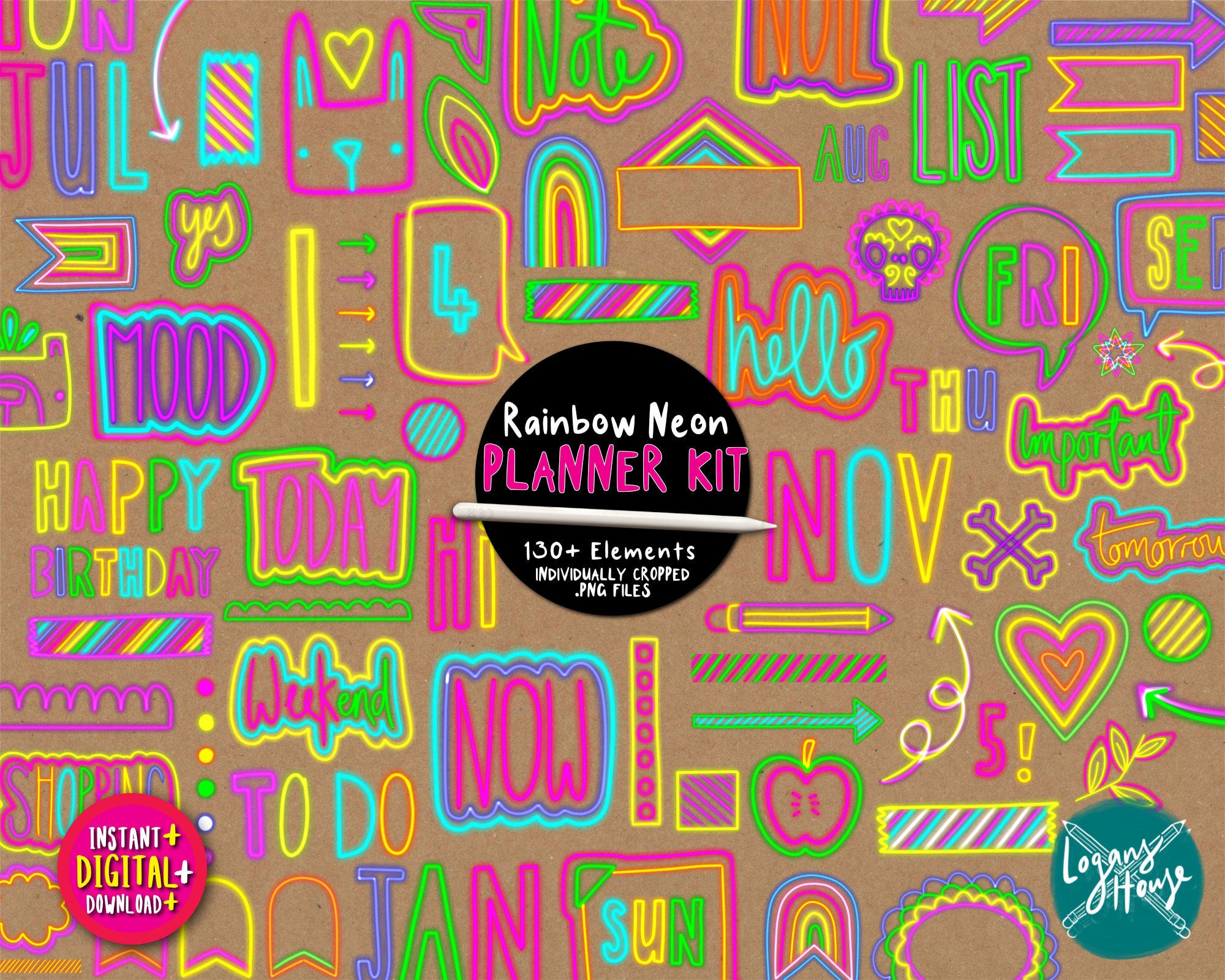 Neon Rainbow Planner Sticker Set | Hand Drawn Printable Stickers | for ...