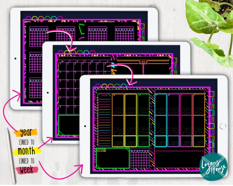 Rainbow Neon Digital Planner in Black | Blank 12 Monthly Weekly Budget ...