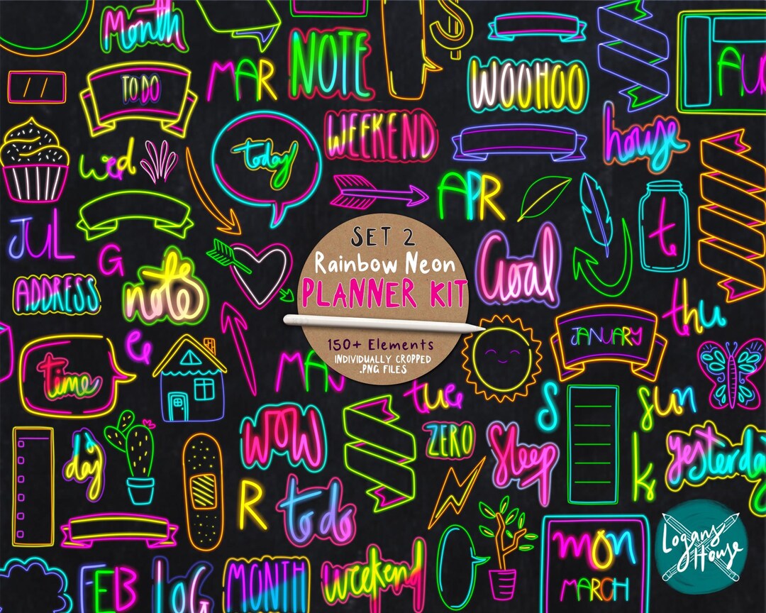 Neon Rainbow Planner Sticker Set 2 | Hand Drawn Printable Stickers ...