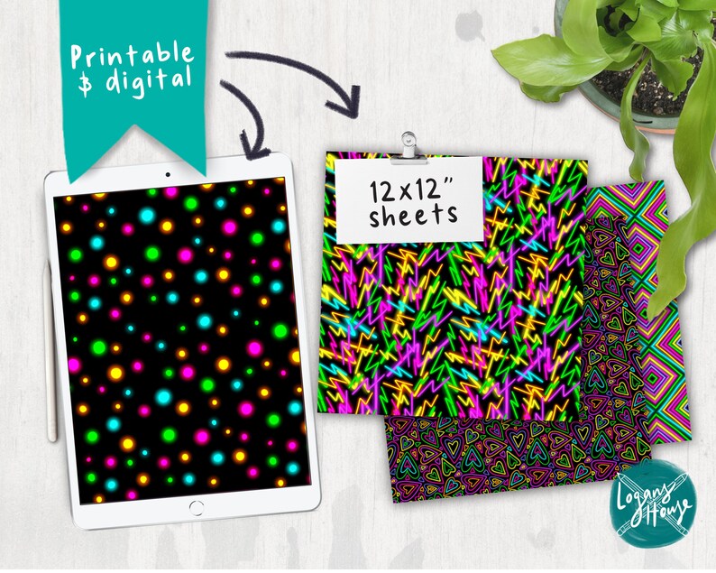 Digital Scrapbooking Paper Kit | Rainbow Neon Repeating Patterns ...