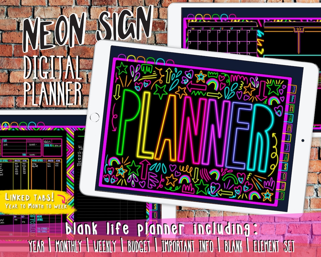 Rainbow Neon Digital Planner in Black | Blank 12 Monthly Weekly Budget ...