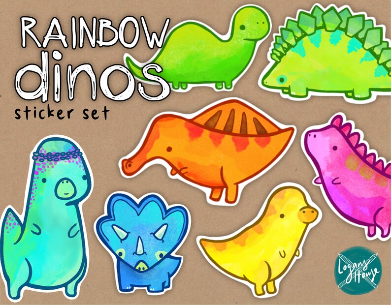 Rainbow Dinosaurs Sticker Set Hand Drawn Printable Stickers - Etsy