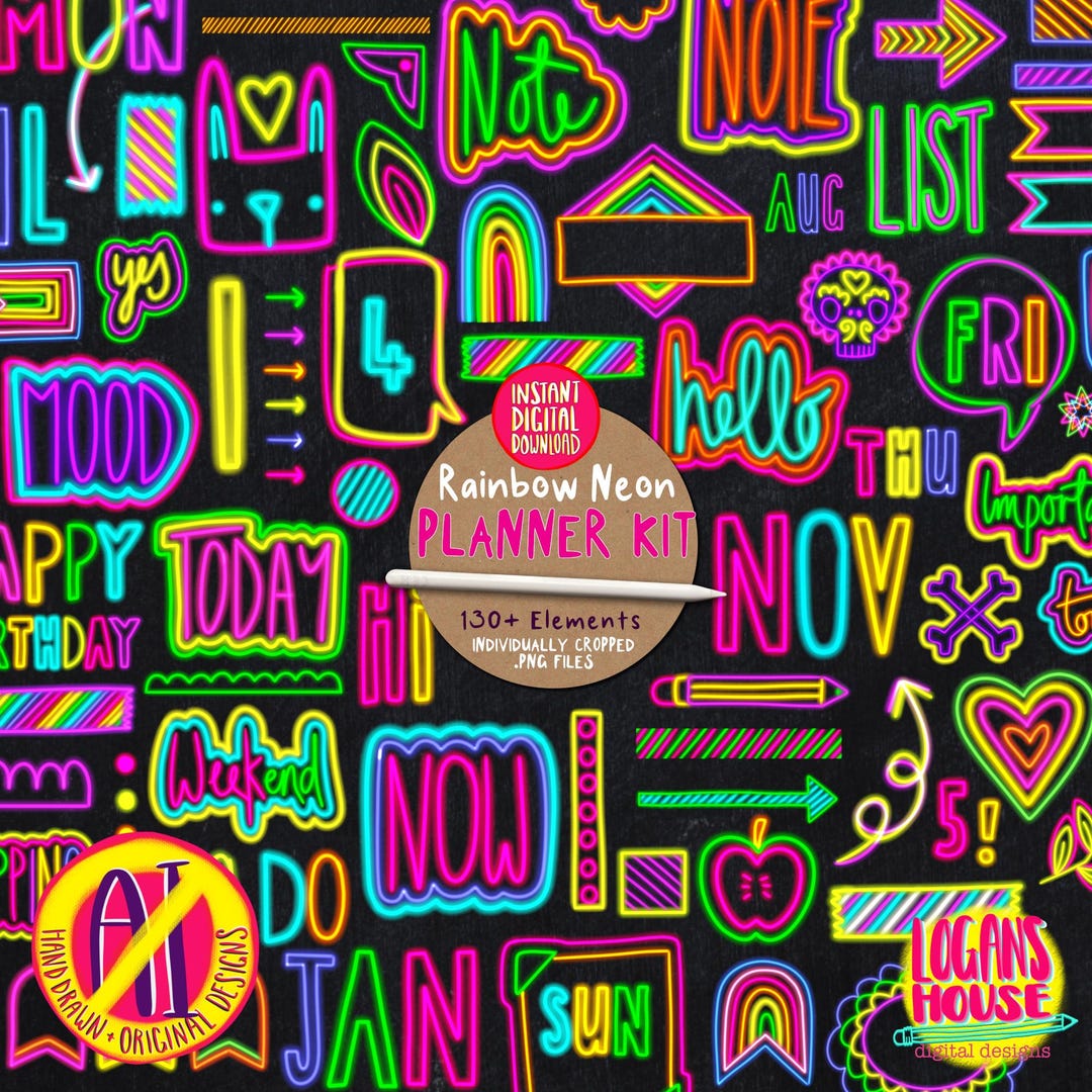 Neon Rainbow Planner Sticker Set | Hand Drawn Printable Stickers | for ...