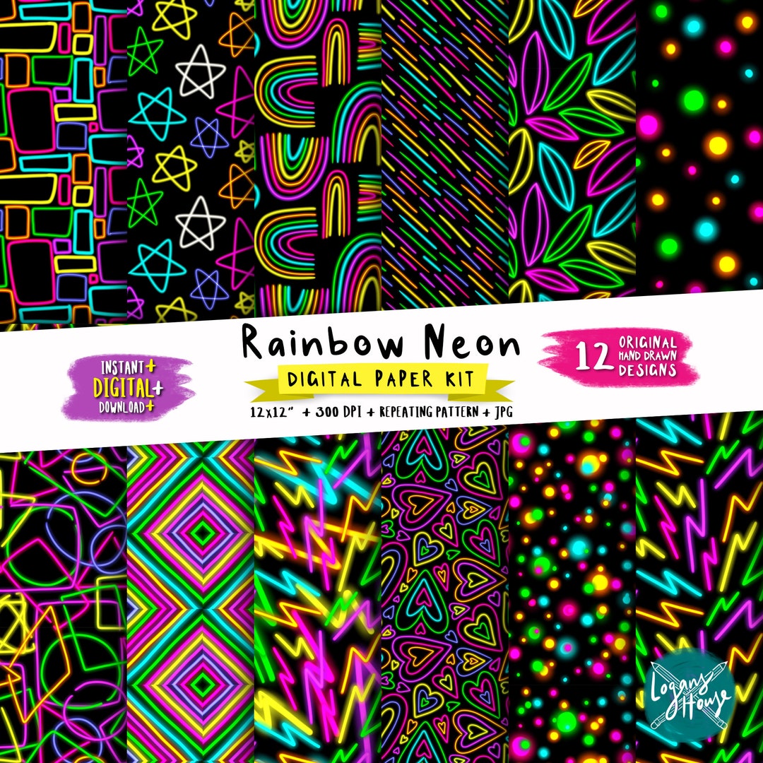Digital Scrapbooking Paper Kit | Rainbow Neon Repeating Patterns ...