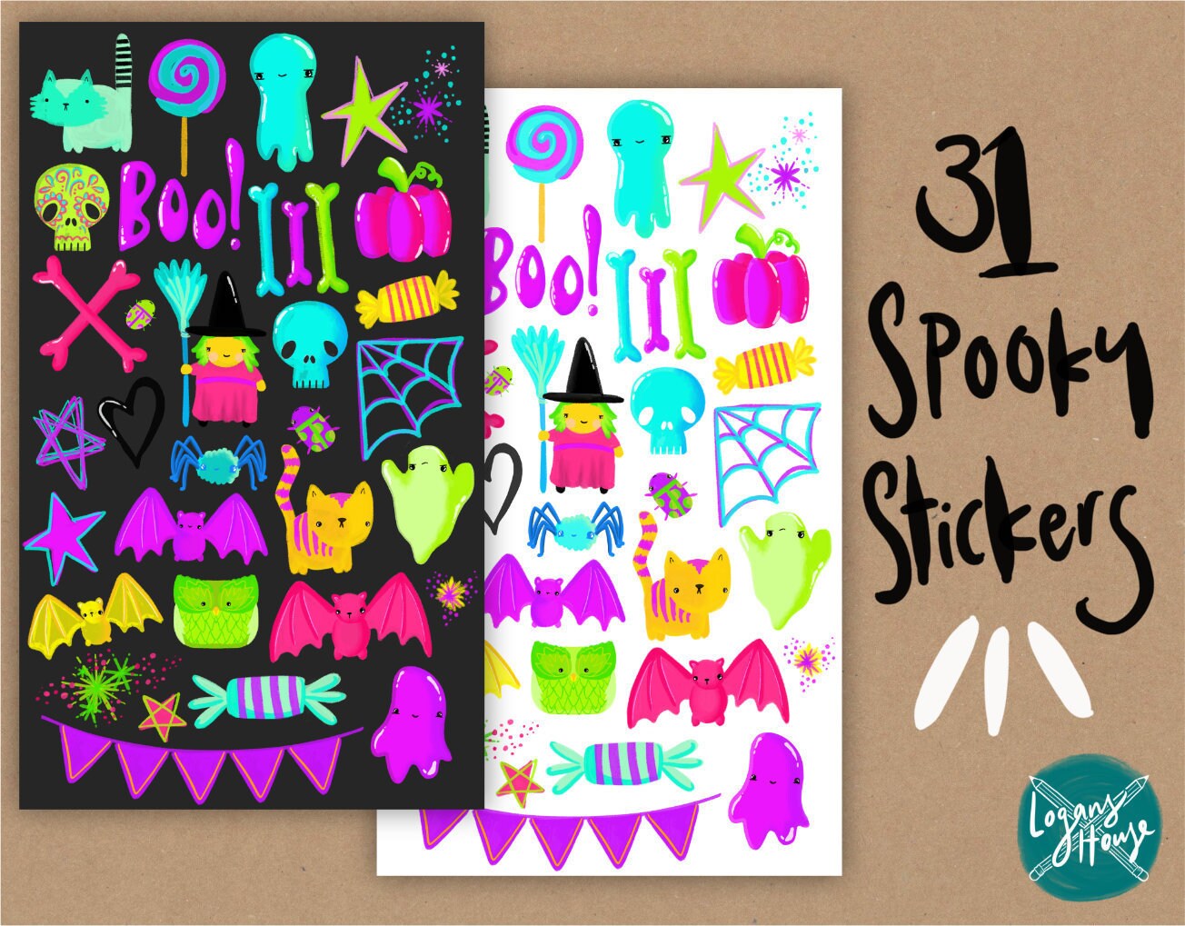 Neon Halloween Digital Sticker Set | Hand Drawn Printable Stickers ...