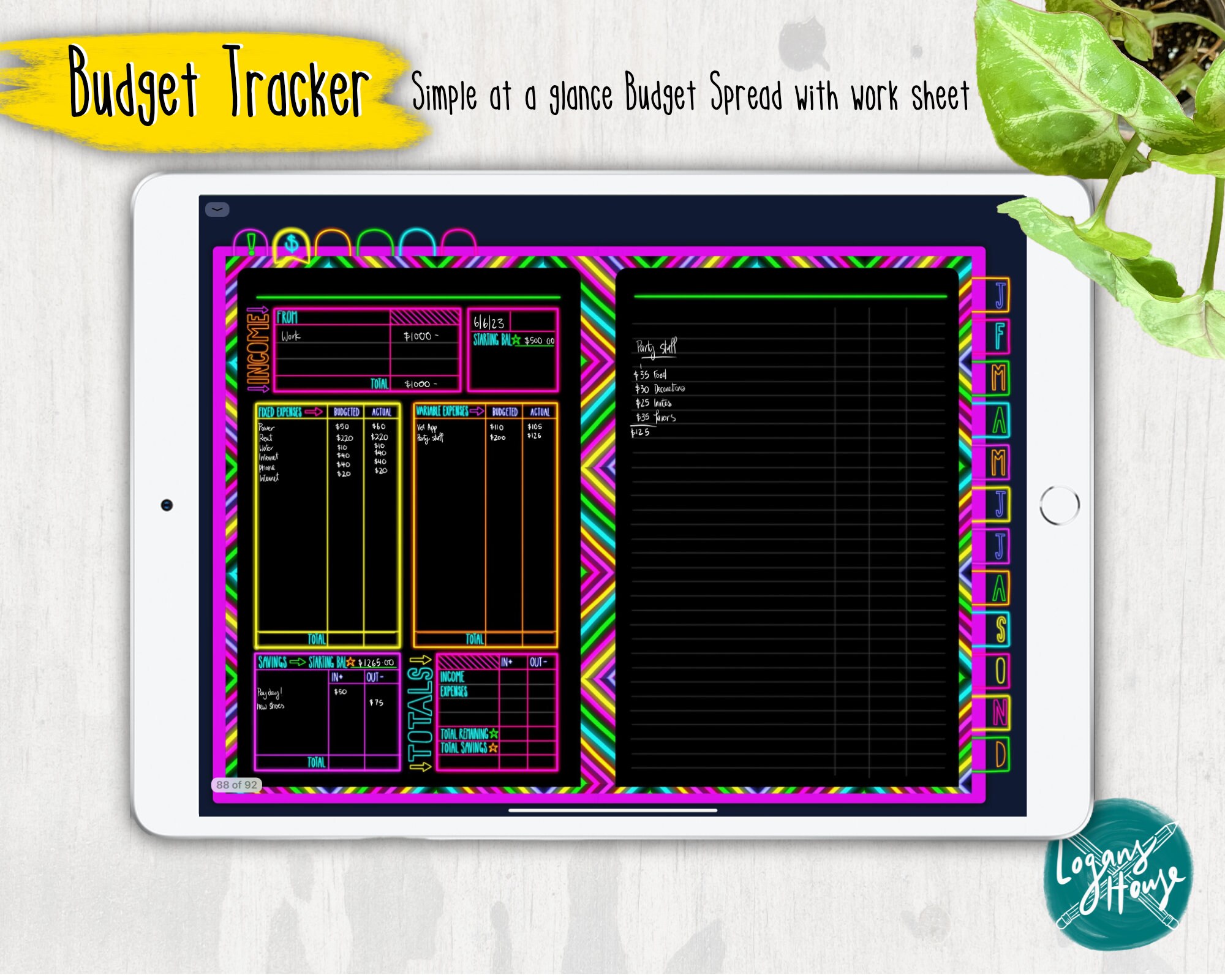 Rainbow Neon Digital Planner in Black Blank 12 Monthly Weekly Budget ...