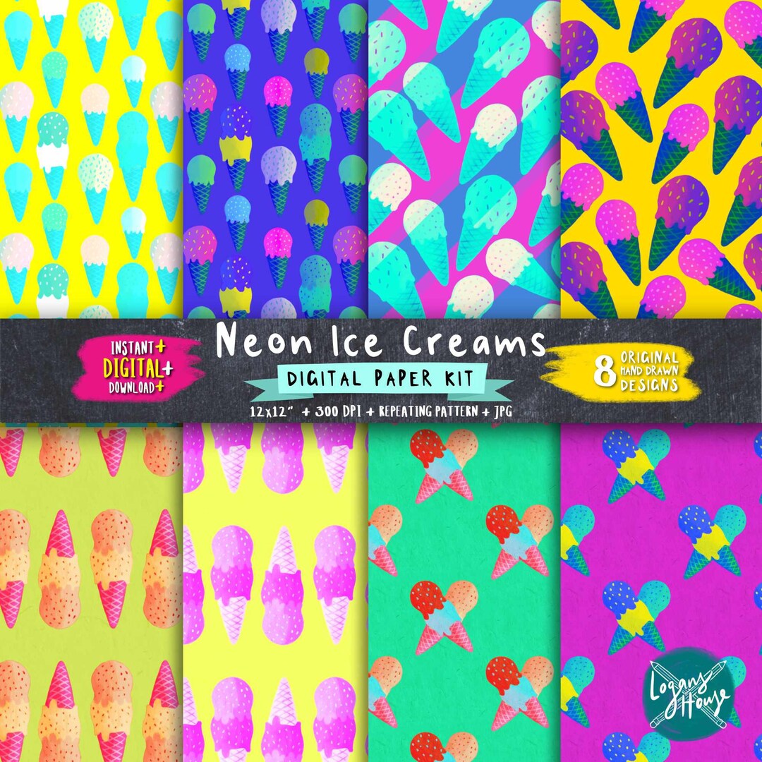 Digital Scrapbooking Paper Kit | Neon Cute Ice Cream Cone Repeating ...