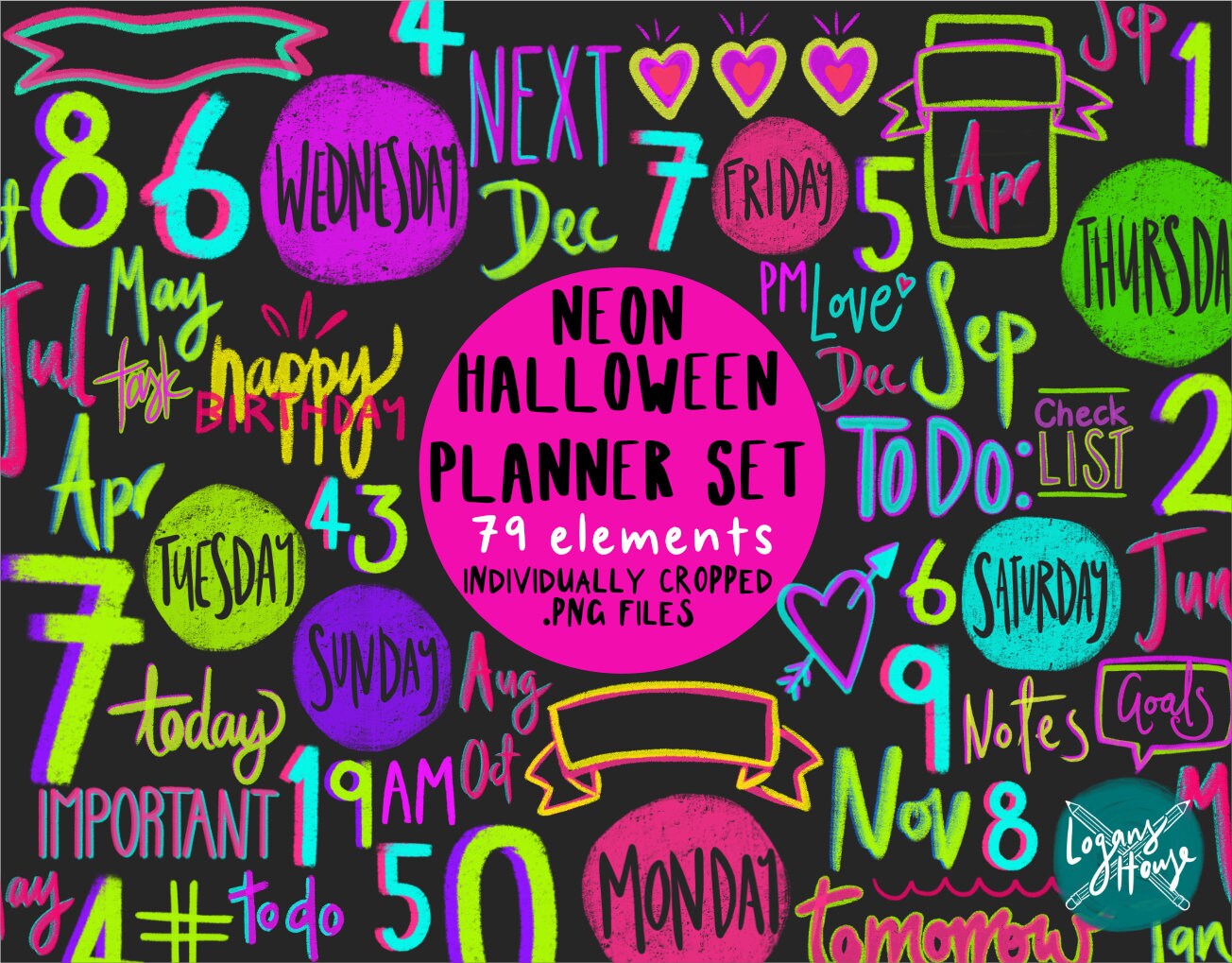 Neon Chalk Words Numbers Digital Planner Sticker Set | Handdrawn ...