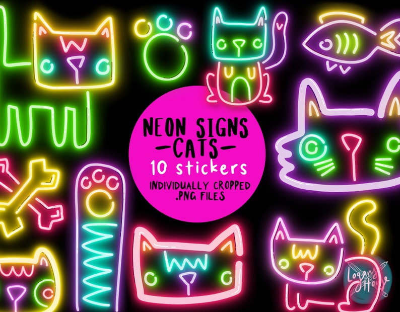 Neon Cats Sticker Set: Hand-drawn Printable Stickers (digital Download ...