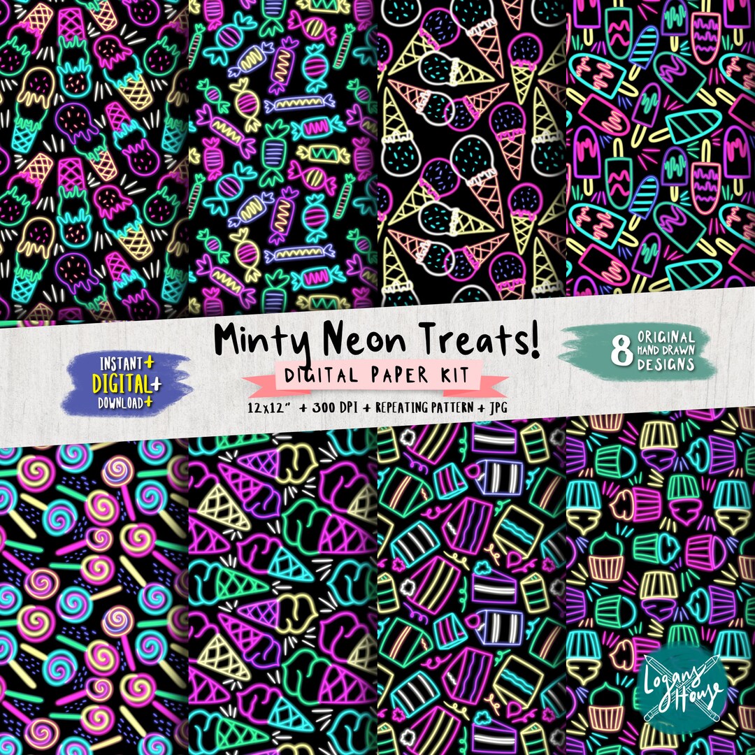 Digital Scrapbooking Paper Kit | Neon Minty Treats Repeating Patterns ...