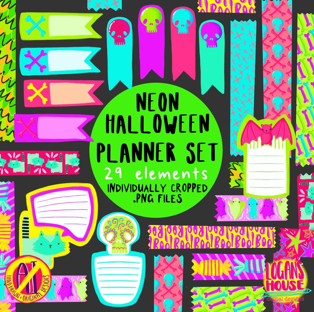Neon Halloween Digital Washi Planner Sticker Set | Hand Drawn Printable ...