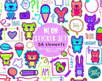 Neon Word Set Sticker Set | Hand Drawn Printable Stickers | for Digital ...