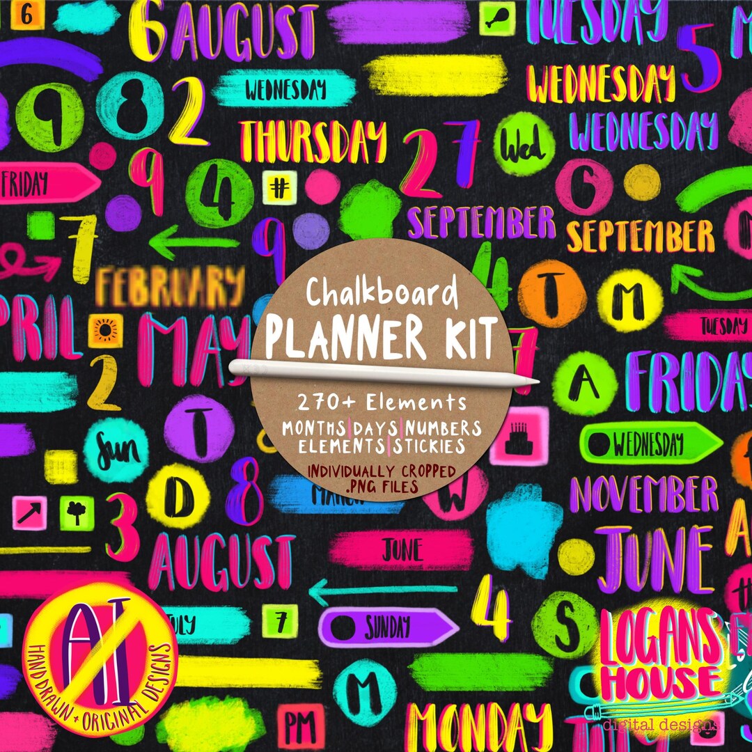 Rainbow Chalk Planner Element Set | Hand Drawn Printable Stickers | for ...