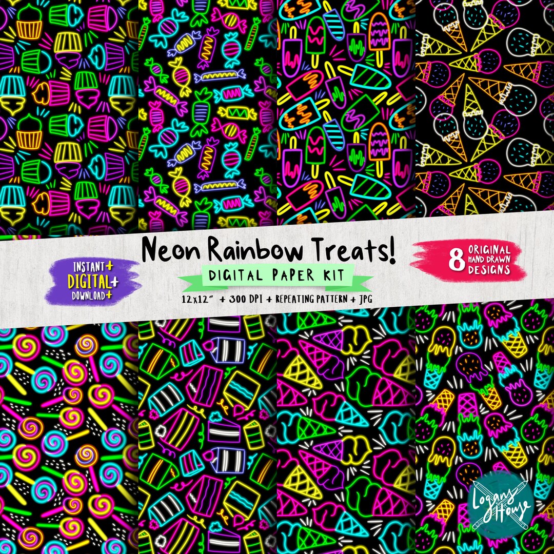 Digital Scrapbooking Paper Kit | Neon Rainbow Treats Repeating Patterns ...