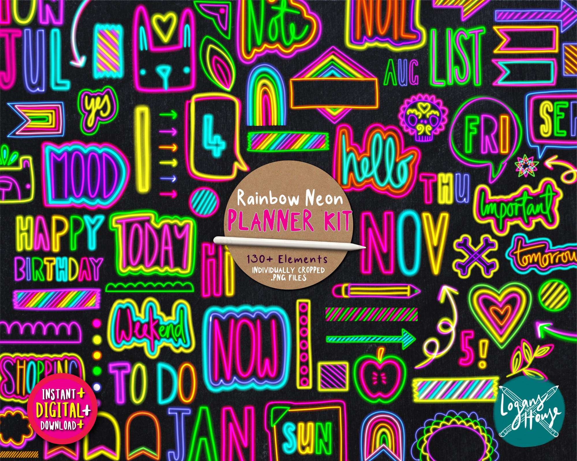 Neon Rainbow Planner Sticker Set | Hand Drawn Printable Stickers | for ...