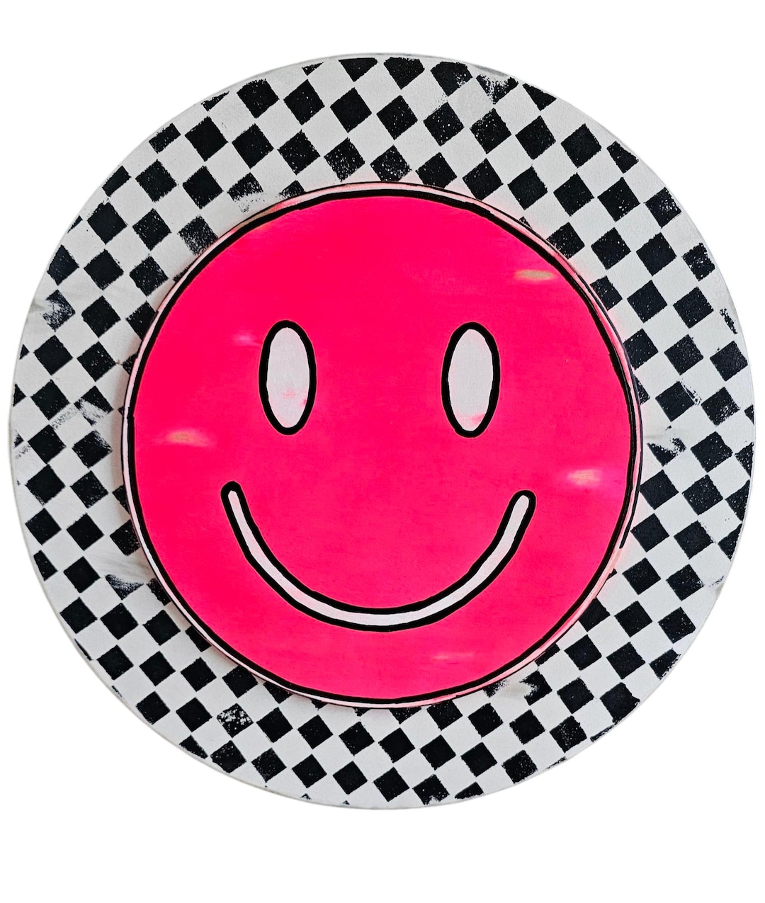 Checkered Neon Pink Smiley Face Round Sign - Etsy
