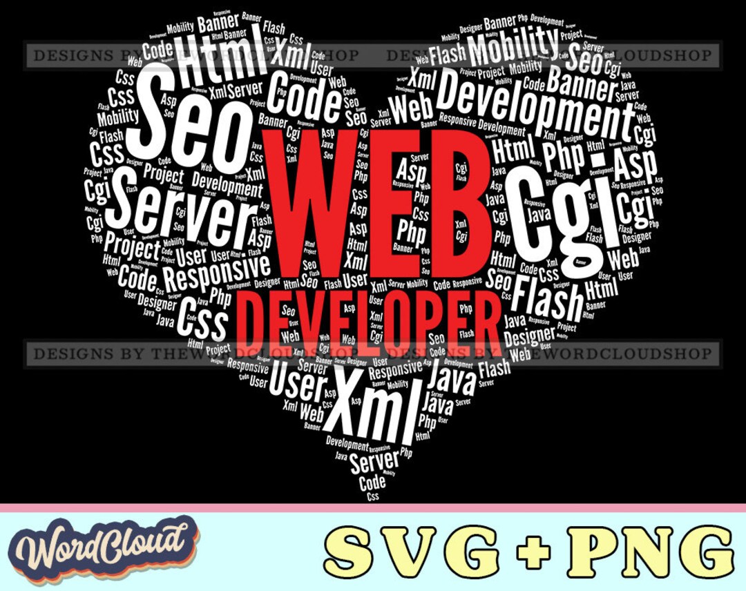 Word Cloud Heart, Web Developer, Software Engineer, Web Designer ...