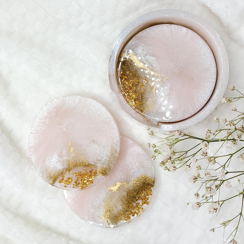 Coaster Set With Holder, Resin Coasters, Drink Coasters, Gold - Etsy