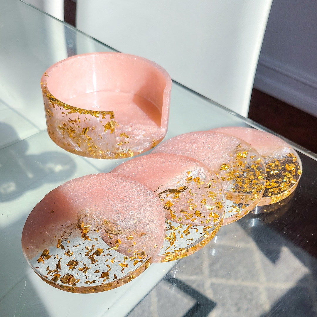 Coaster Set With Holder, Resin Coasters, Drink Coasters, Gold - Etsy