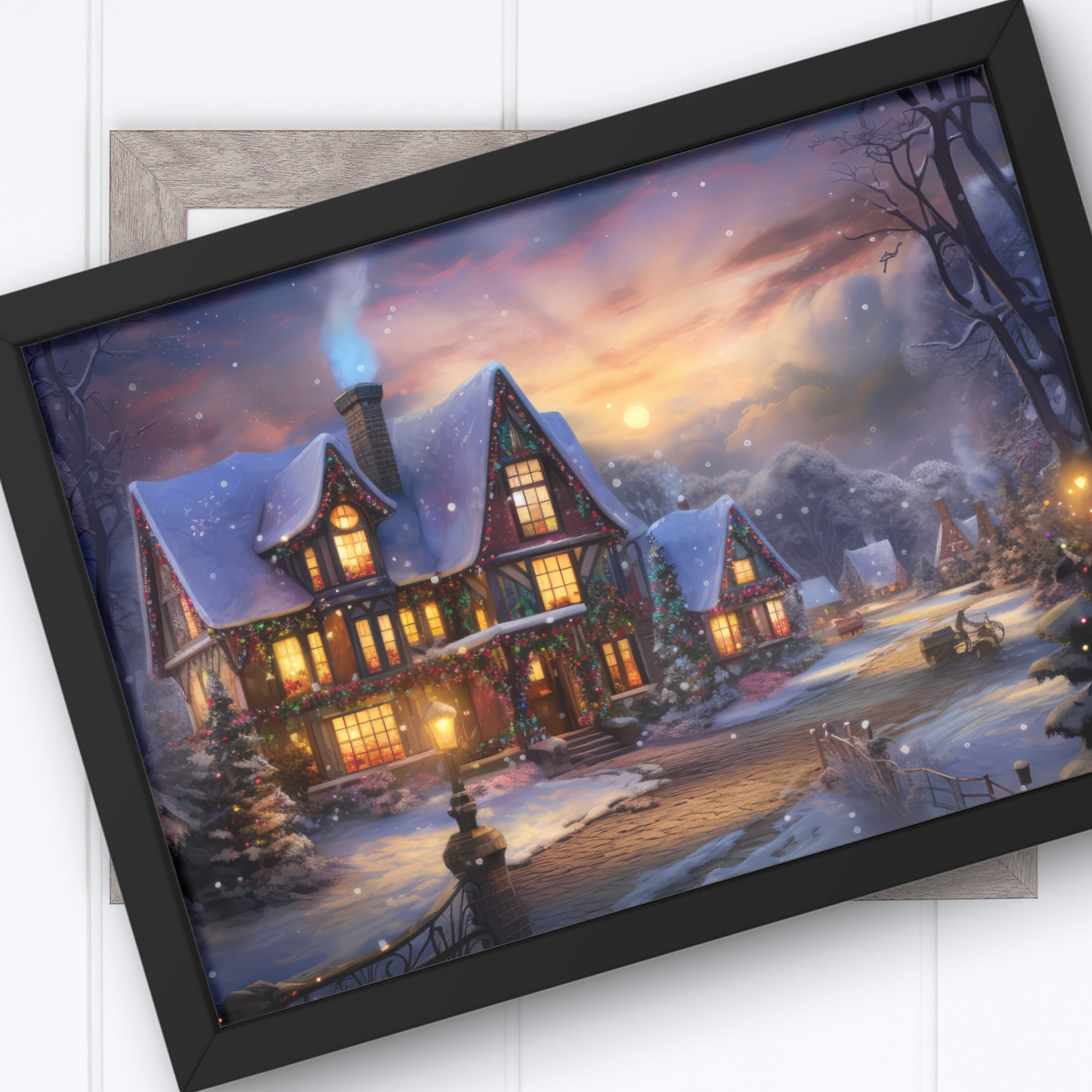 PRINTABLE Christmas House Print, Snowy Vintage Xmas Art Prints, Festive ...