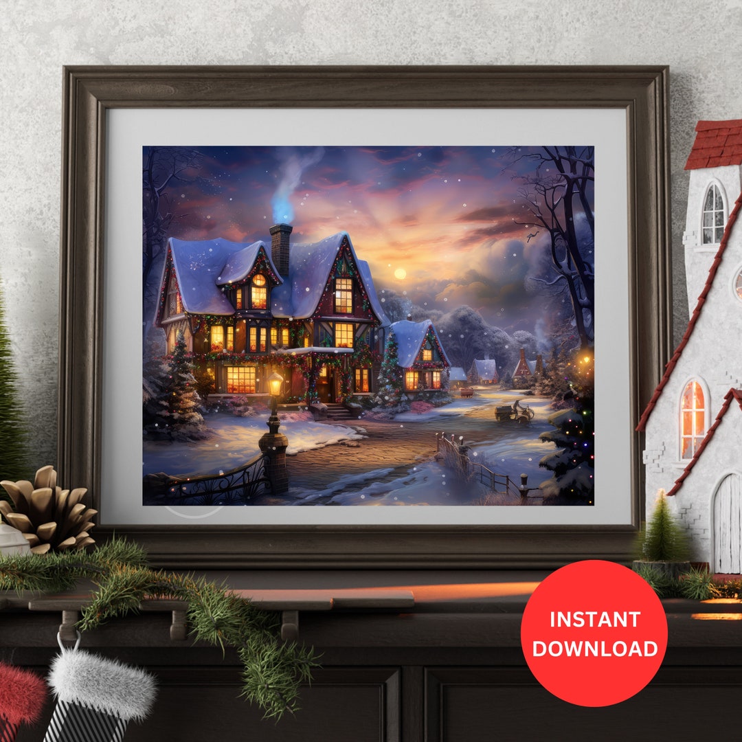 PRINTABLE Christmas House Print, Snowy Vintage Xmas Art Prints, Festive ...