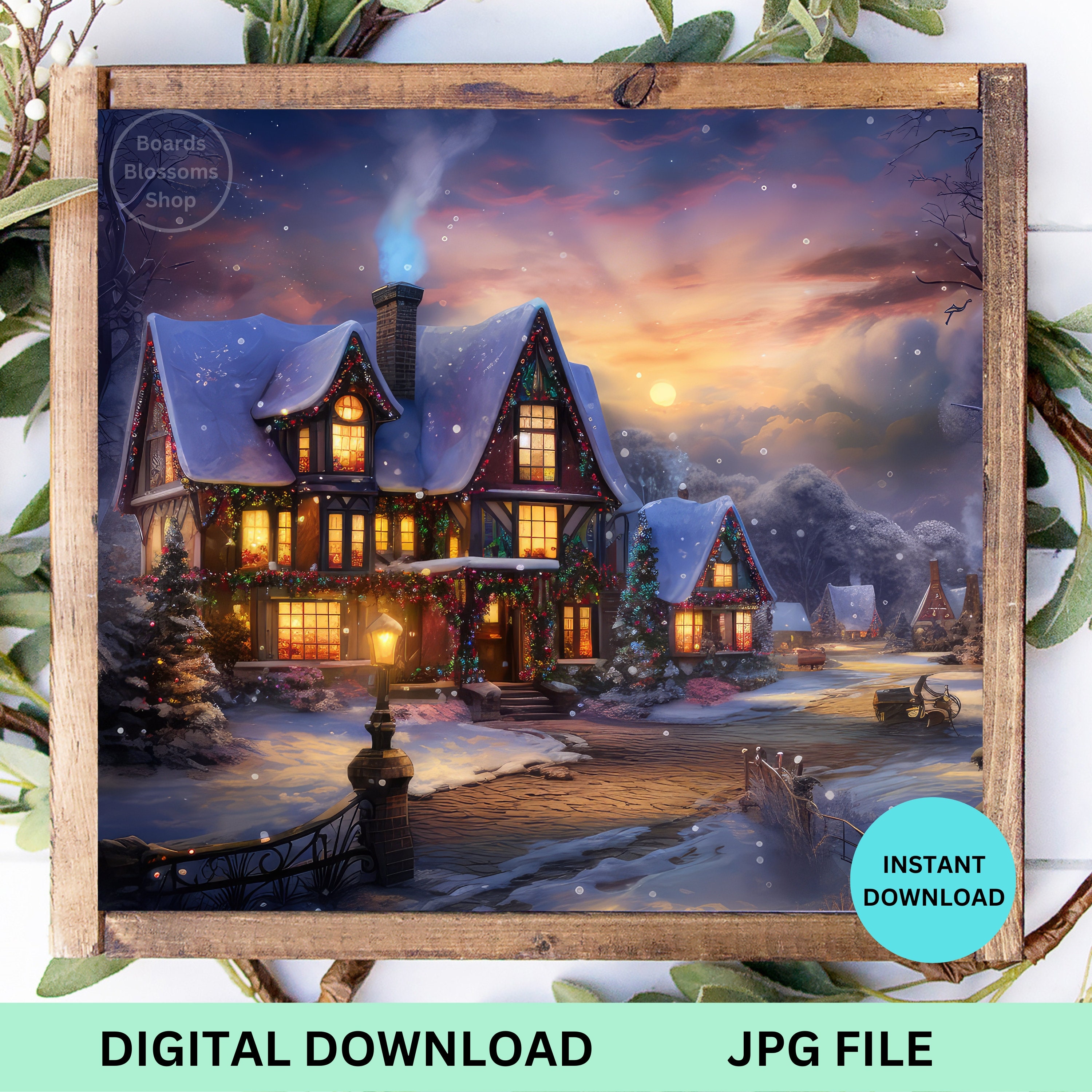 PRINTABLE Christmas House Print, Snowy Vintage Xmas Art Prints, Festive ...