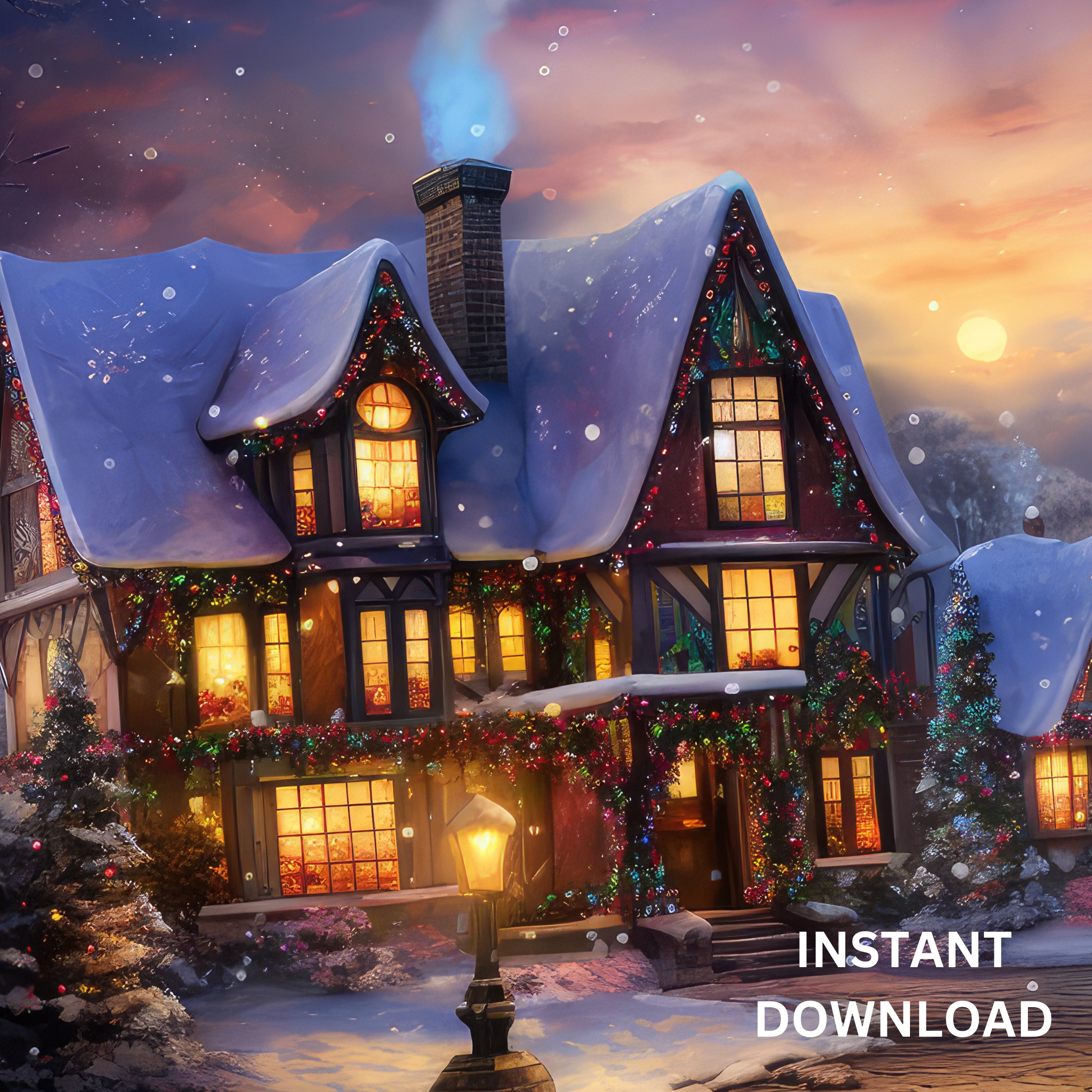 PRINTABLE Christmas House Print, Snowy Vintage Xmas Art Prints, Festive ...