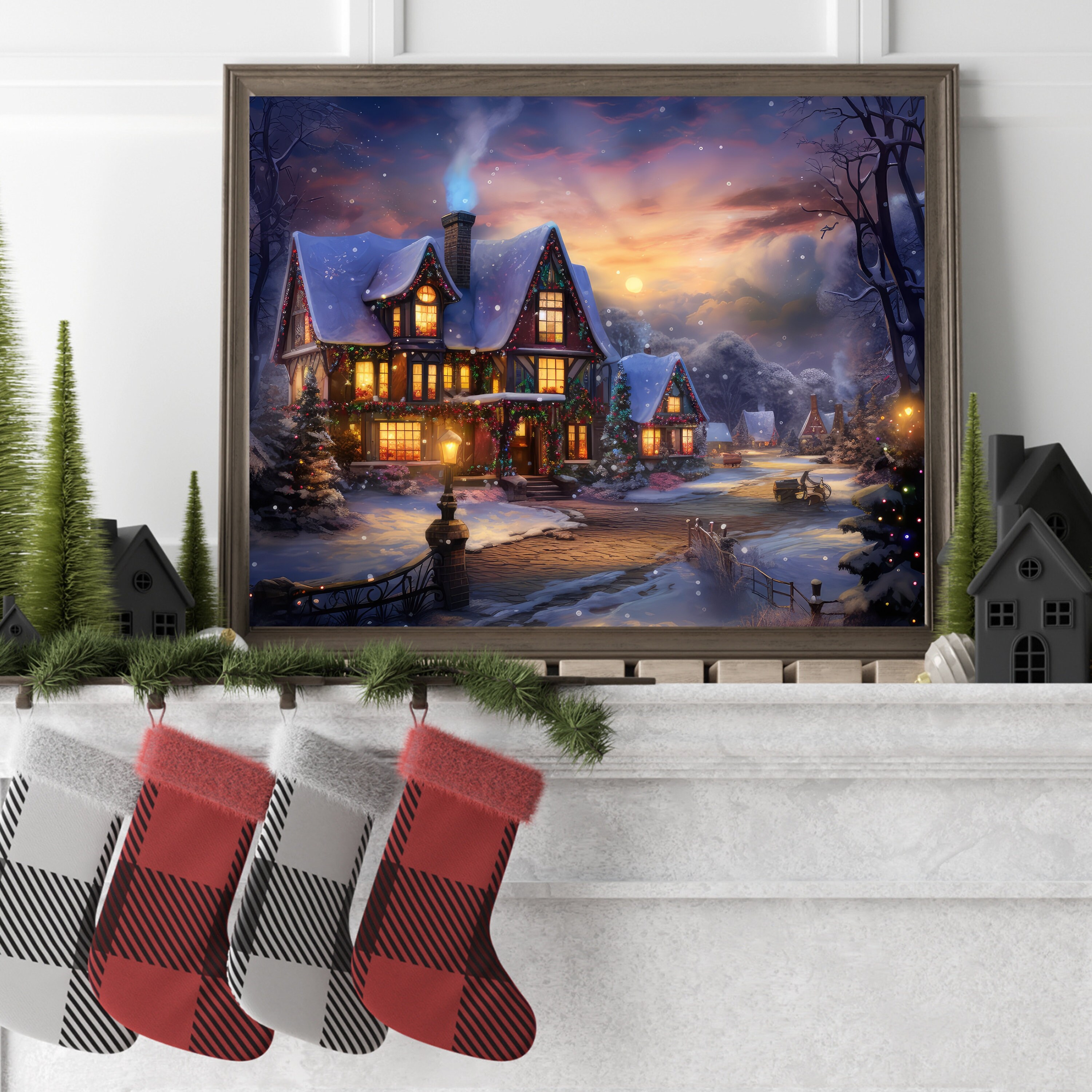 PRINTABLE Christmas House Print, Snowy Vintage Xmas Art Prints, Festive ...