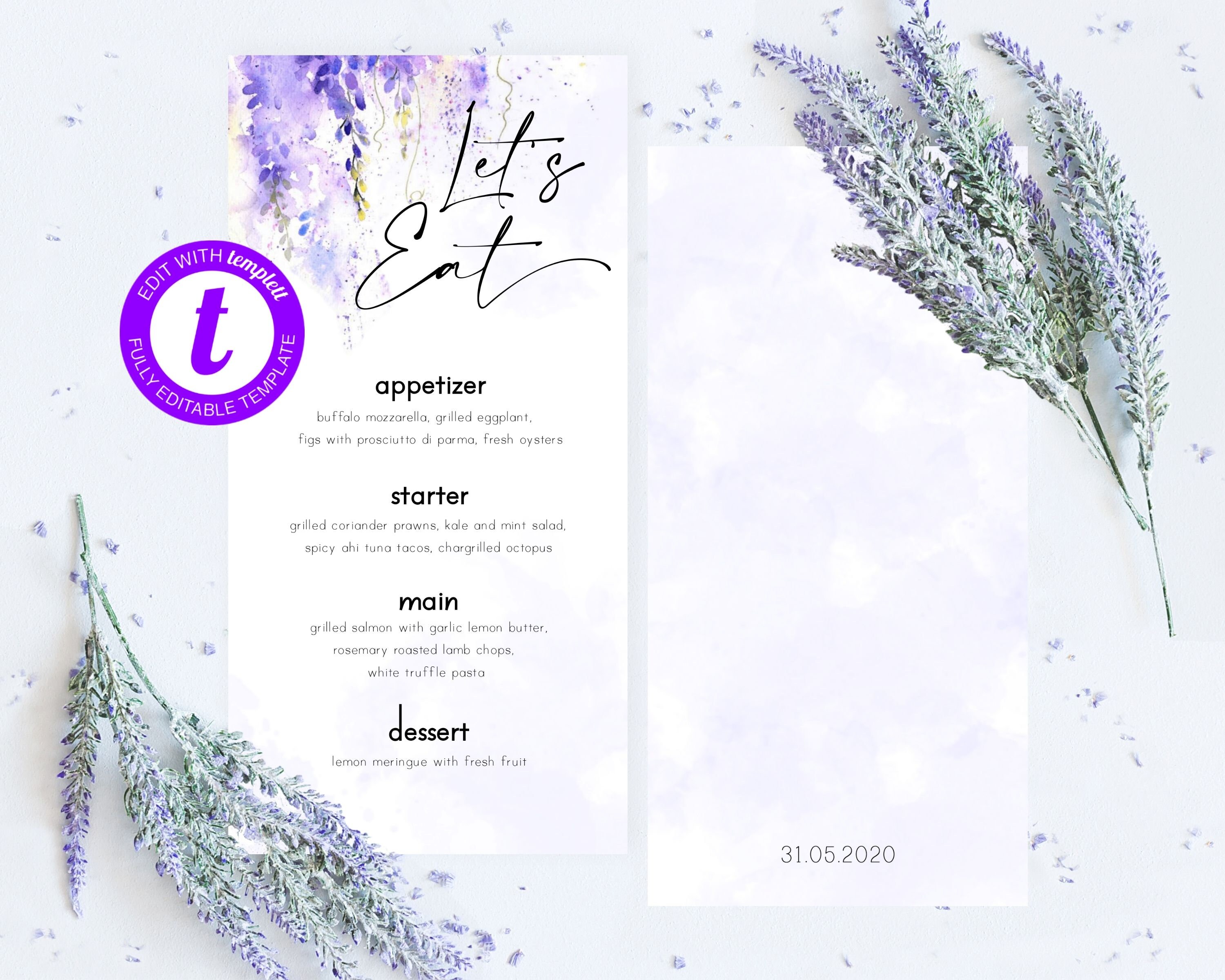 Modern Lavender Watercolor Menu | Double Sided 4x8 Template | Instant ...