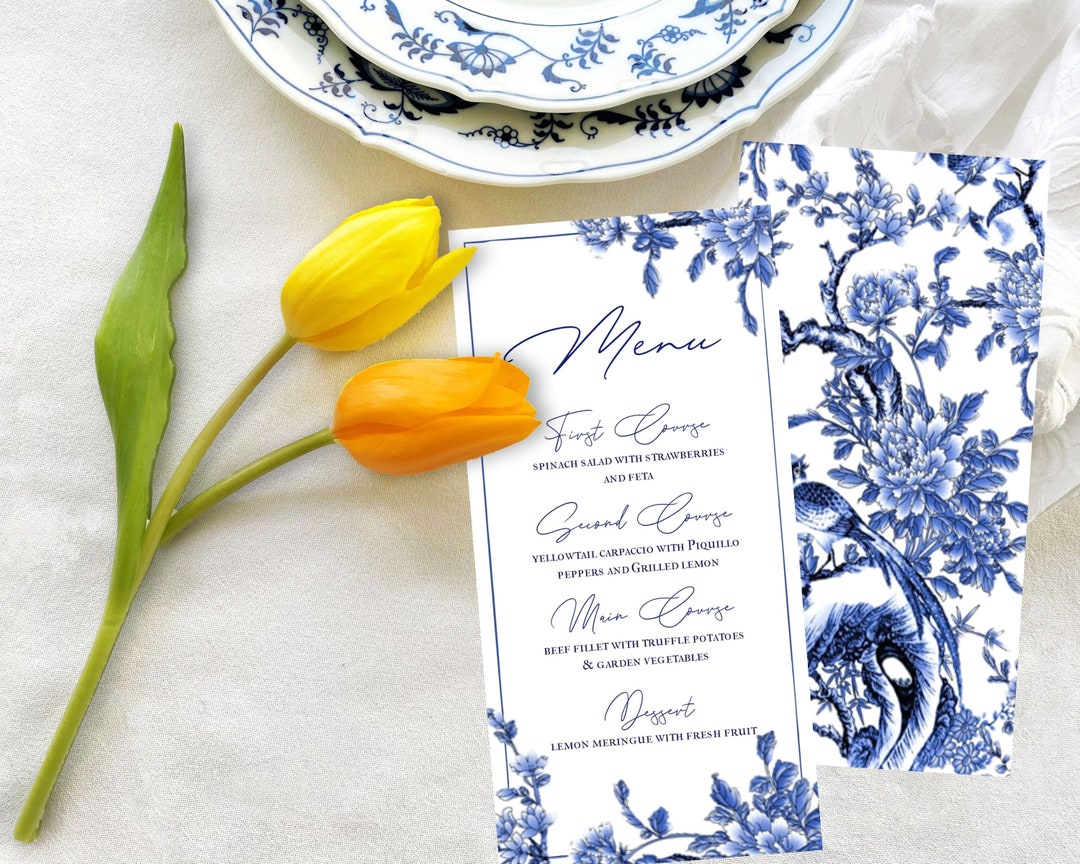 Classic Dusty Blue Floral Menu | Delfts Blue Inspired 4X8 Template ...