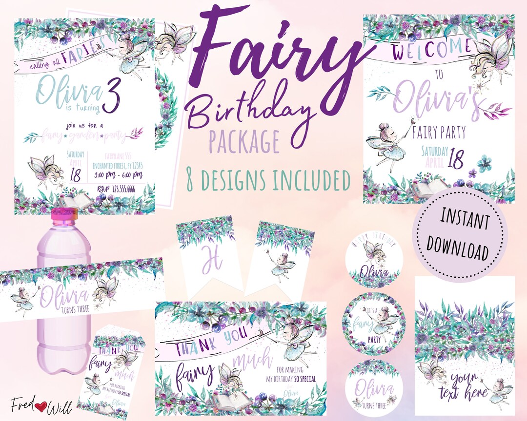 Fairy Birthday Package Templates | Pastel Instant Download Matching ...