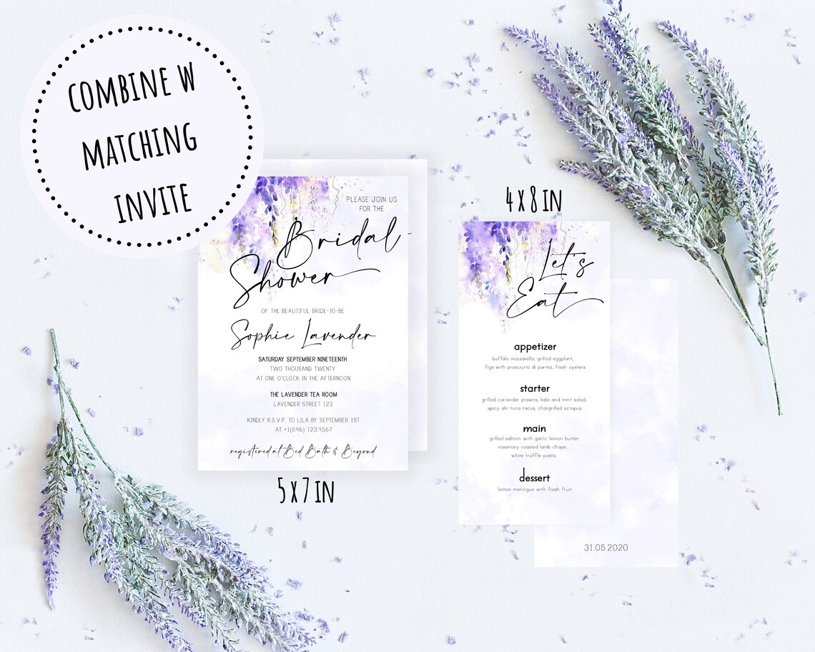Modern Lavender Watercolor Menu Double Sided 4x8 Template Instant ...