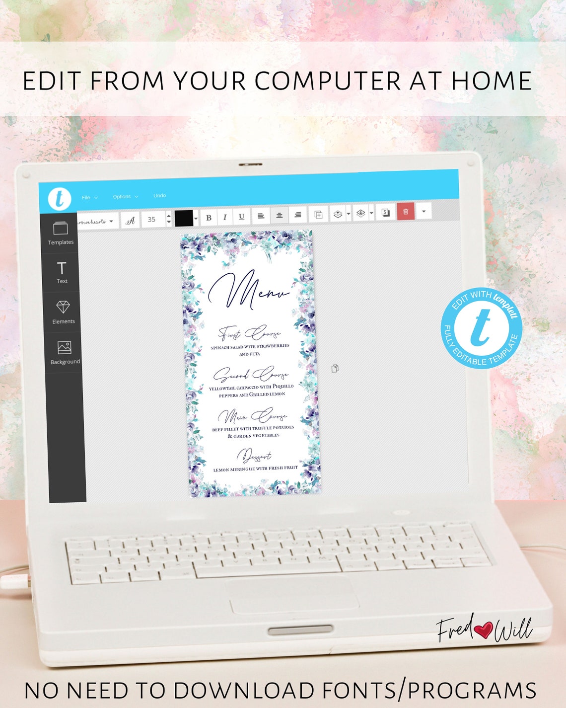 Watercolor Floral Menu Spring Themed Pastel 4x8 Template - Etsy