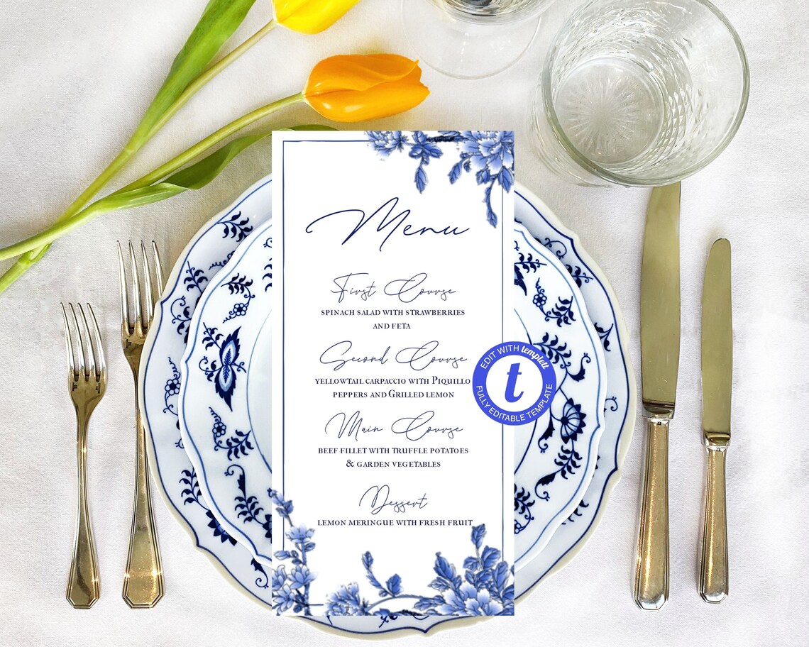 Classic Dusty Blue Floral Menu | Delfts Blue Inspired 4X8 Template ...