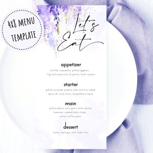 Modern Lavender Watercolor Menu | Double Sided 4x8 Template | Instant ...