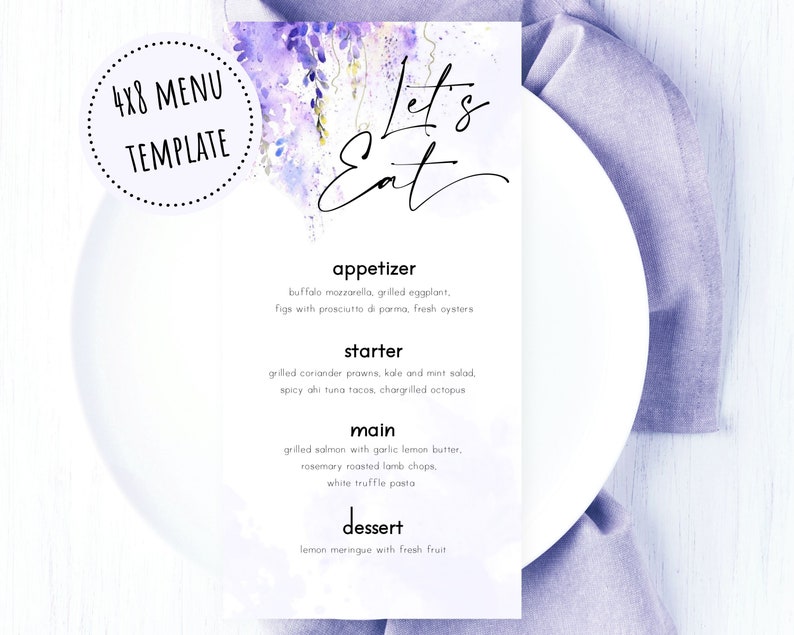 Modern Lavender Watercolor Menu | Double Sided 4x8 Template | Instant ...