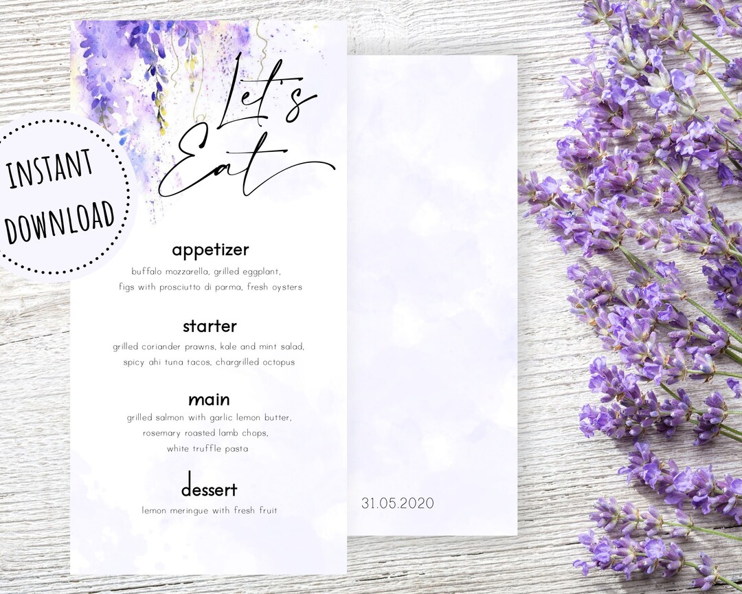 Modern Lavender Watercolor Menu | Double Sided 4x8 Template | Instant ...