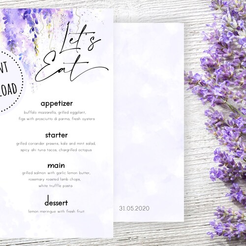 Modern Lavender Watercolor Menu Double Sided 4x8 Template - Etsy