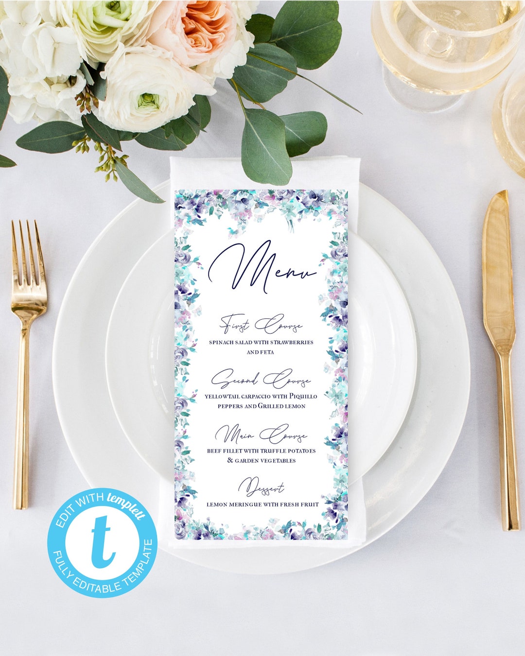 Watercolor Floral Menu | Spring Themed Pastel 4x8 Template | PDF ...