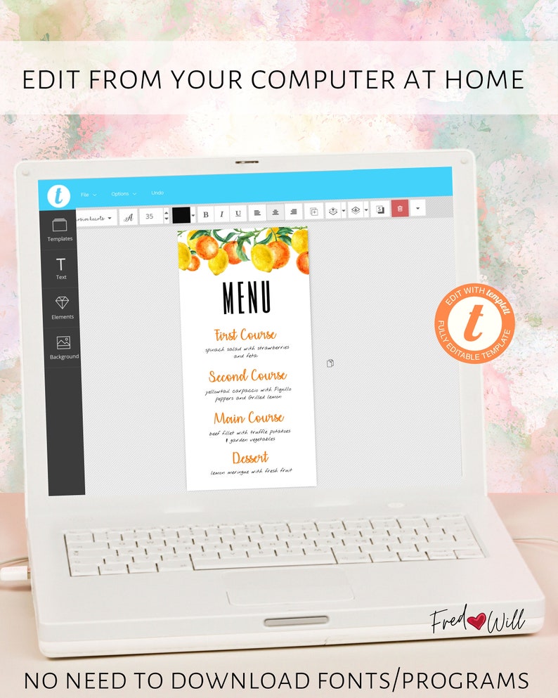 Lemon and Orange Menu | Citrus Themed Downloadable Menu | 4x8 Inch ...