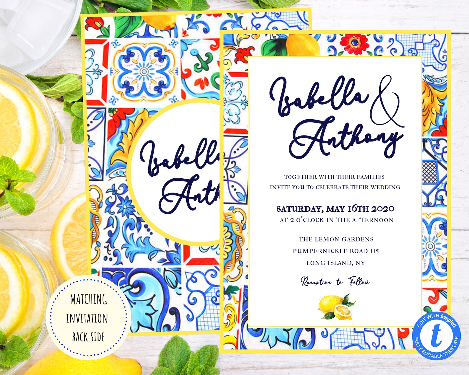 Italian Summer Wedding Invitation Bundle Sicilian Lemon Instant ...