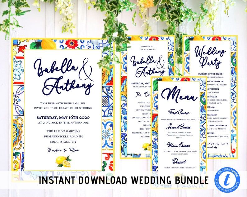 Italian Summer Wedding Invitation Bundle | Sicilian Lemon Instant ...