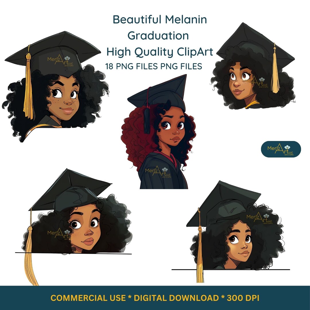 Black Chic Grads Digital Clipart Bundle, Graduating Girls, Cap and Gown ...